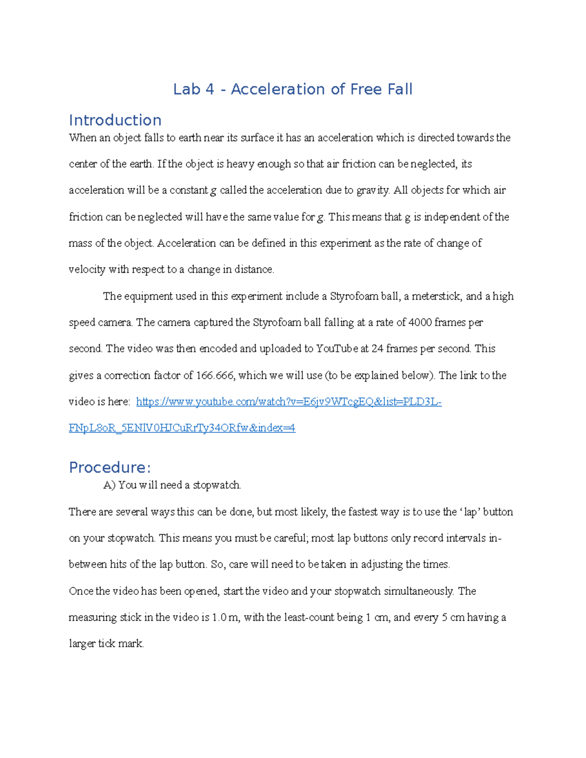 202006 15125255 lab 4 free fall - Lab 4 - Acceleration of Free Fall ...
