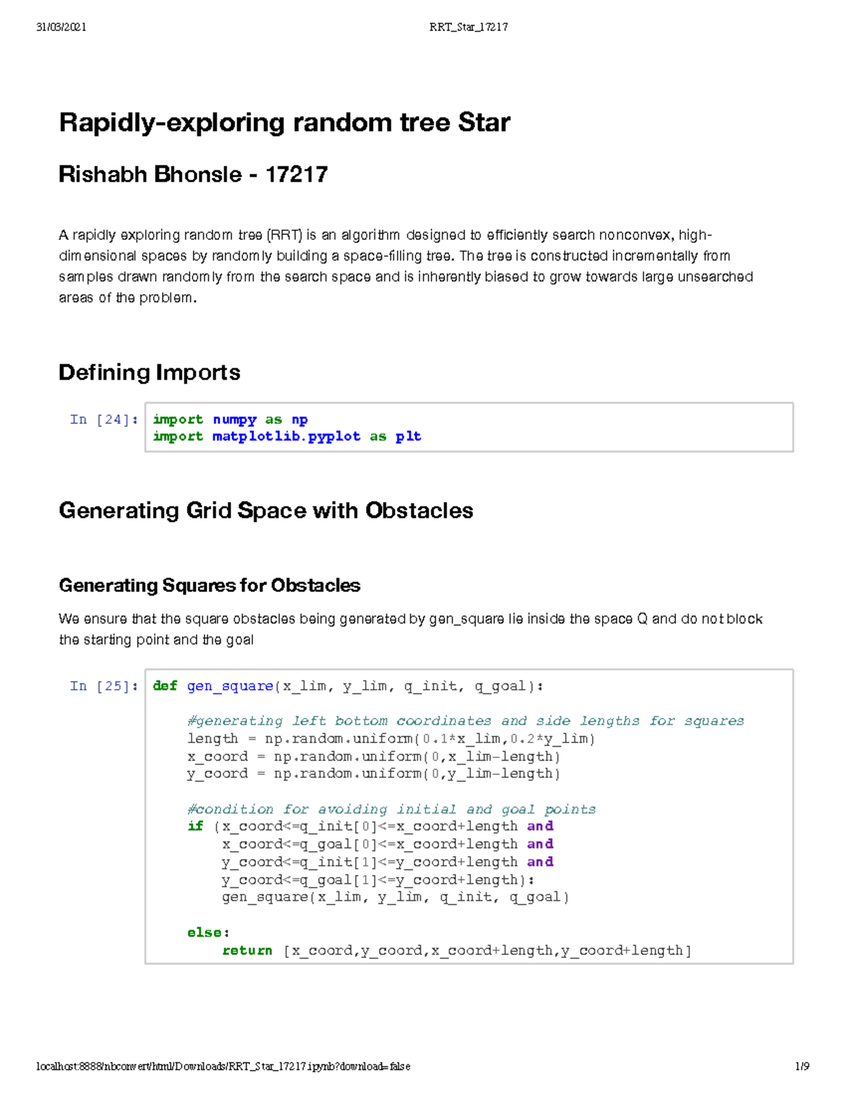 RRT Star Algorithm - Rapidly-exploring random tree Star Rishabh Bhonsle - 17217 A rapidly ...