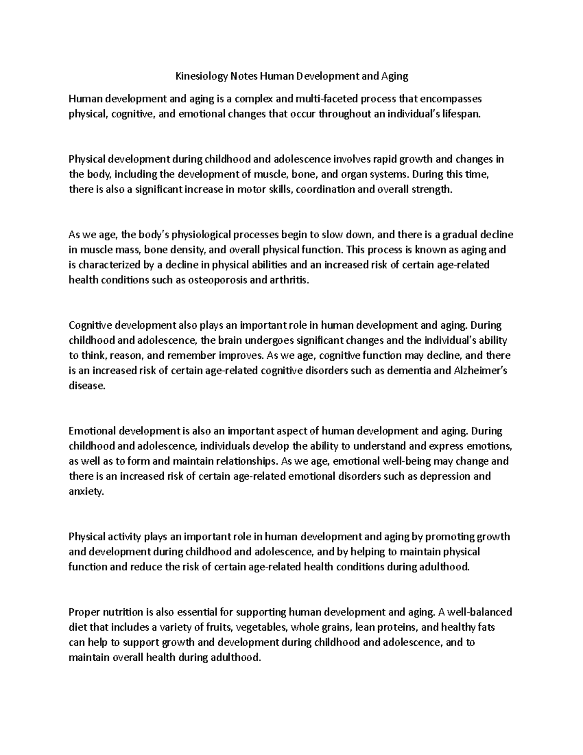 Kinesiology Notes Human Development and Aging - Physical development ...