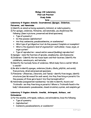 Biology 102 Laboratory Midterm Lab Practical Study Guide - Biology 102 ...