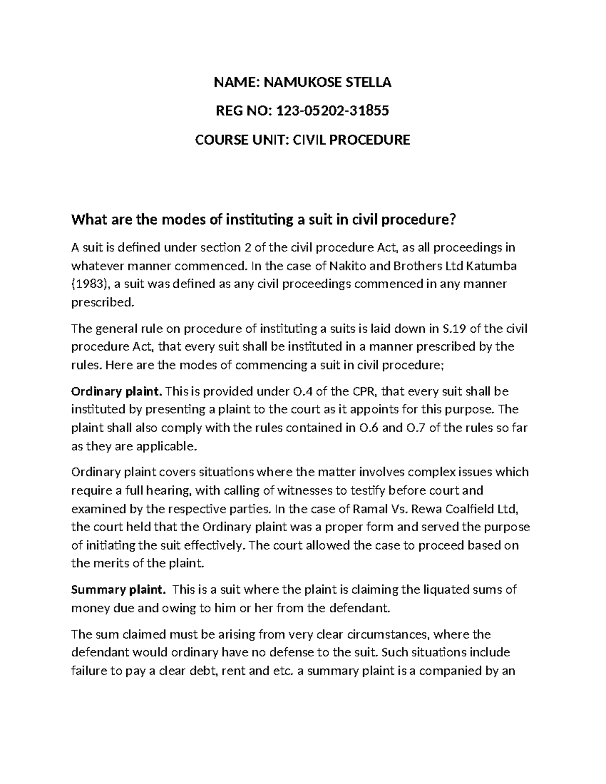 Civil procedure test - instituting a suit - NAME: NAMUKOSE STELLA REG ...