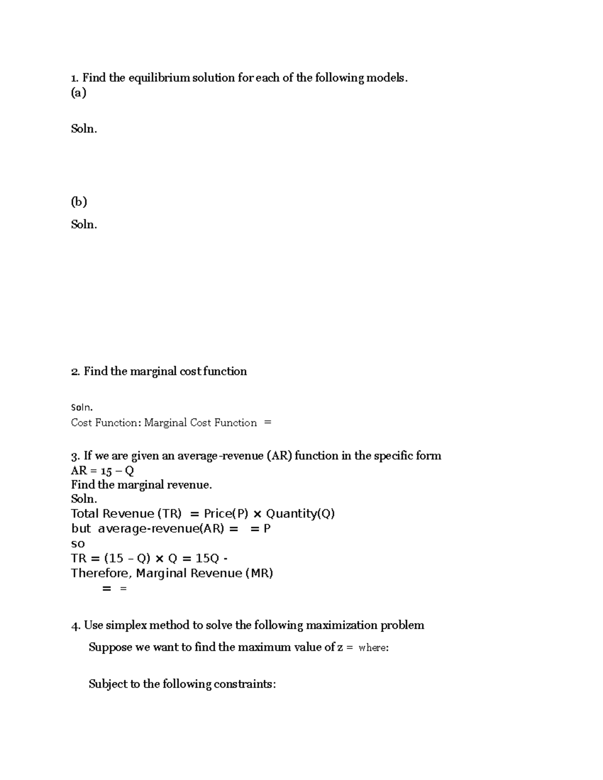Jacob Assgnment 1 - Management Econ - Find the equilibrium solution for ...