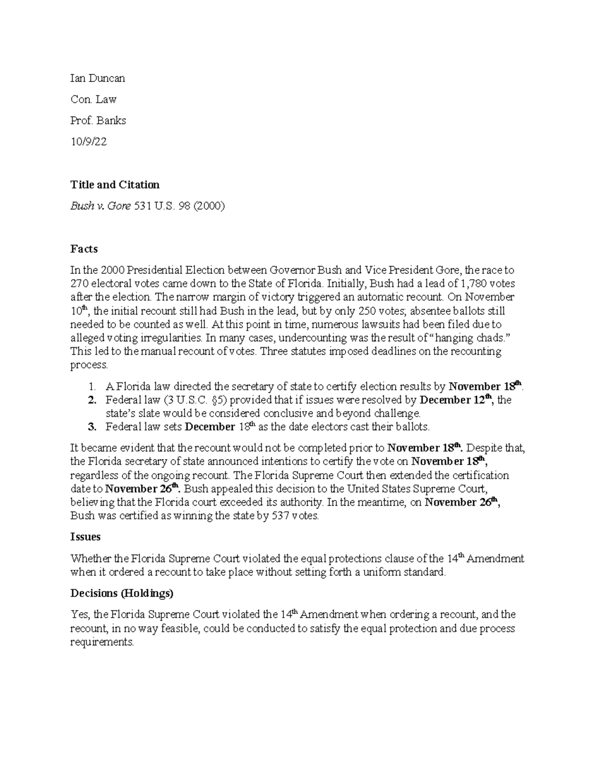 Bush v. Gore Case brief - Ian Duncan Con. Law Prof. Banks 10/9/ Title ...