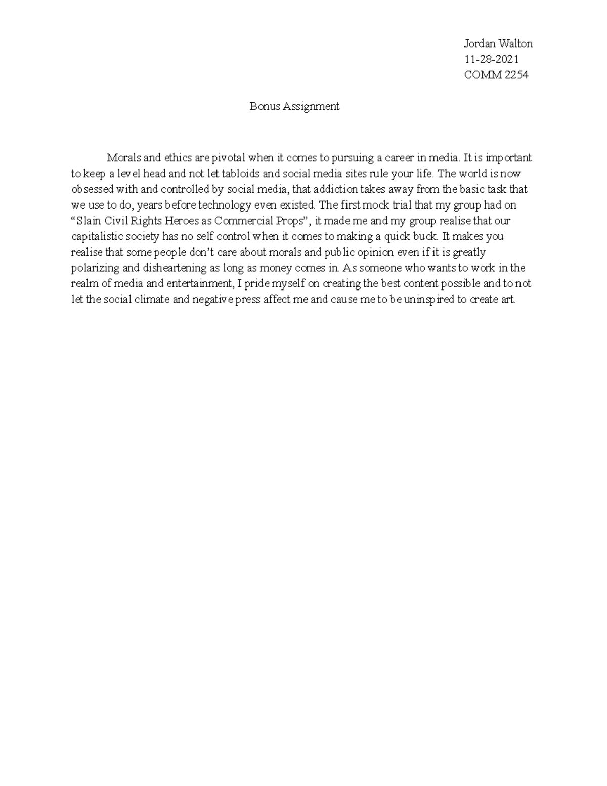 Media Ethics Bonus Assignment - Jordan Walton 11-28- COMM 2254 Bonus ...