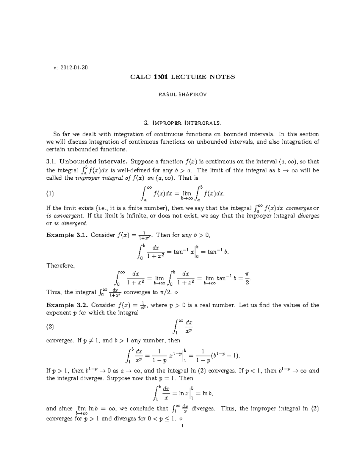 Lecture Notes Improper Integrals V 2012 01 Calc 1301 Lecture Notes Rasul Shafikov Improper