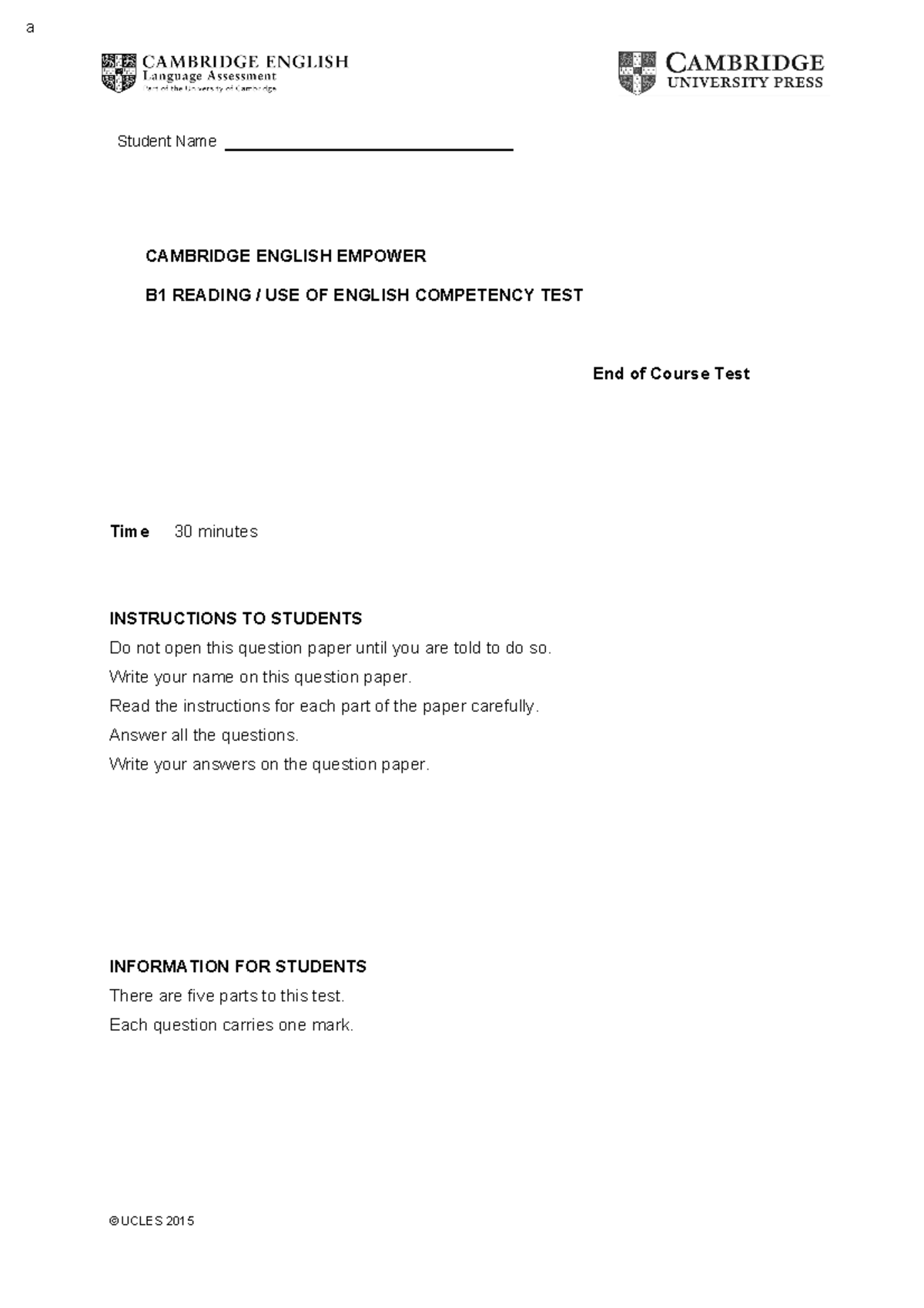 Reading Test - LANGUAGE TEST - a Student Name CAMBRIDGE ENGLISH EMPOWER ...