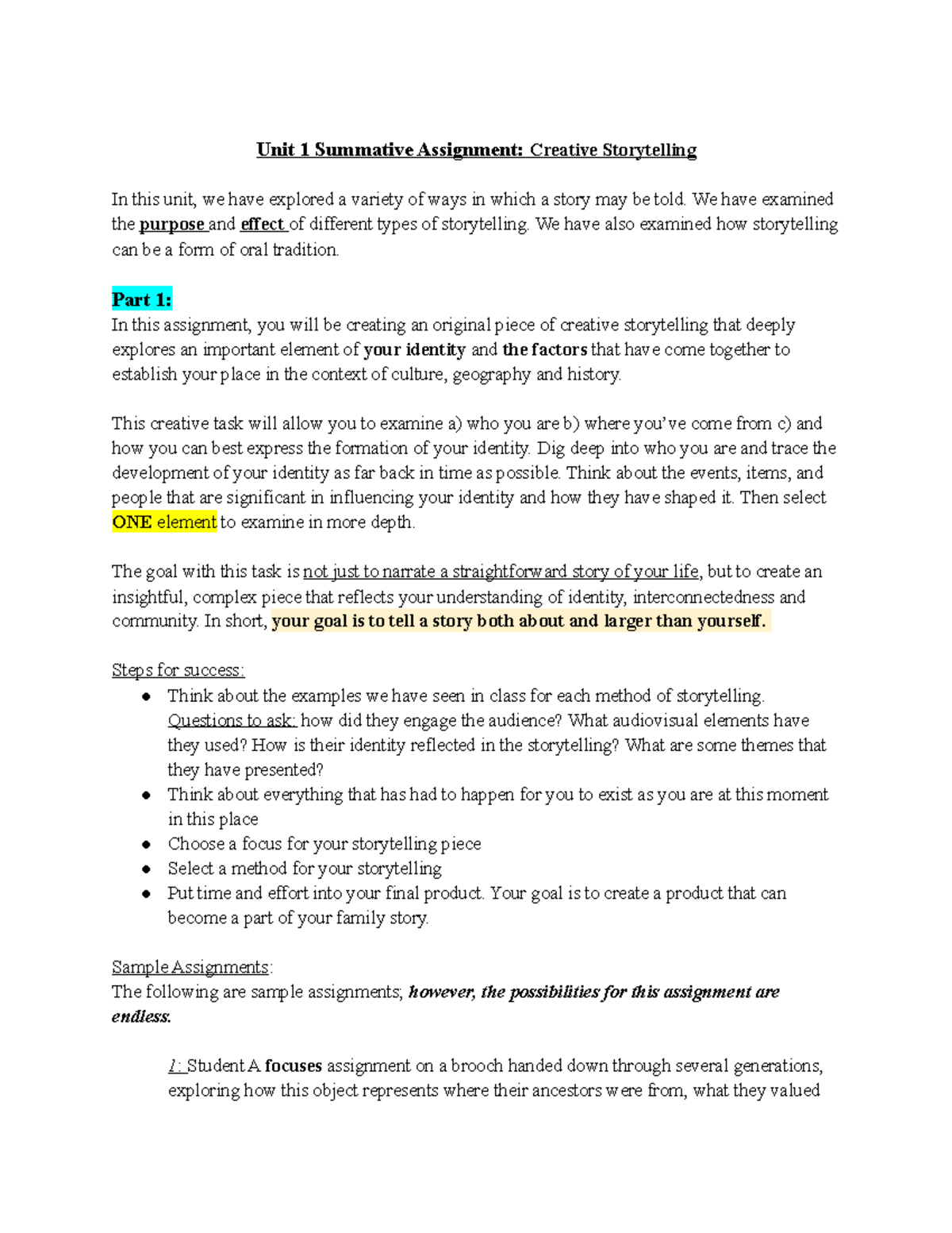 Unit 1 Summative Assignment Creative Storytelling - We have examined the purpose and effect of ...