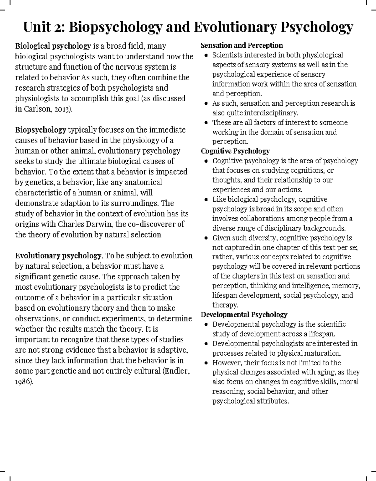 Unit 2 Biopsychology and Evolutionary Psychology - Unit 2 ...