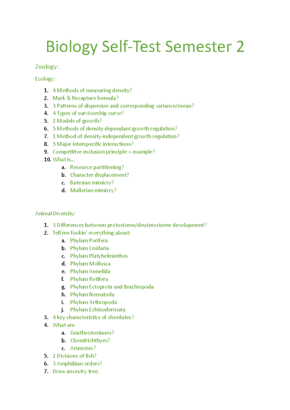 Semester 2 Self-Test - Self exam biology - Biology Self-Test Semester 2 ...