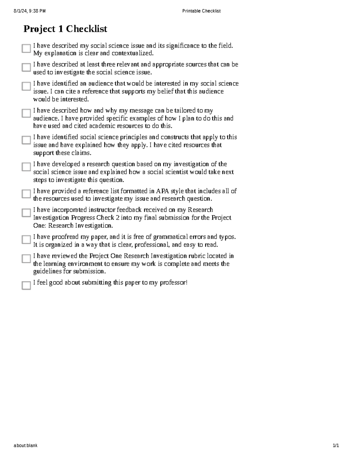 Project 1 soc sci checklist - Project 1 Checklist I have described my ...