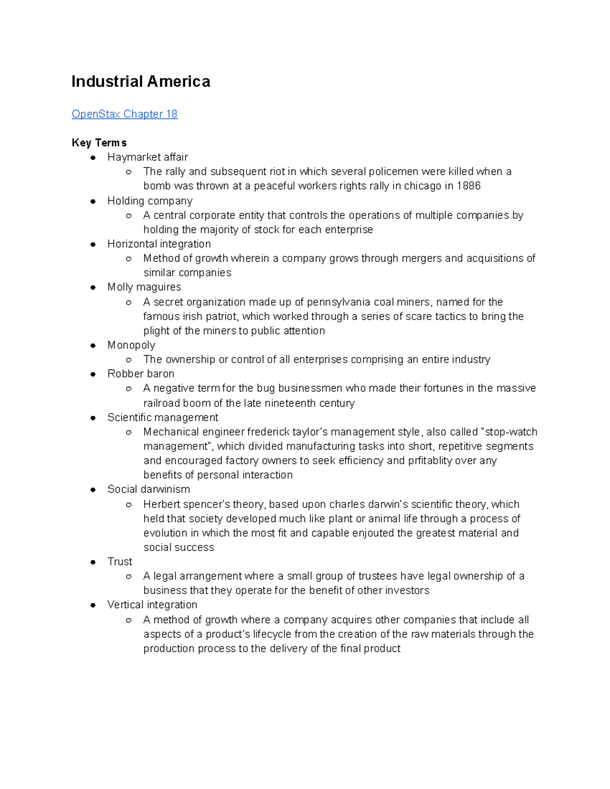 Hist module week 3 - Industrial America OpenStax Chapter 18 Key Terms Haymarket affair The rally ...