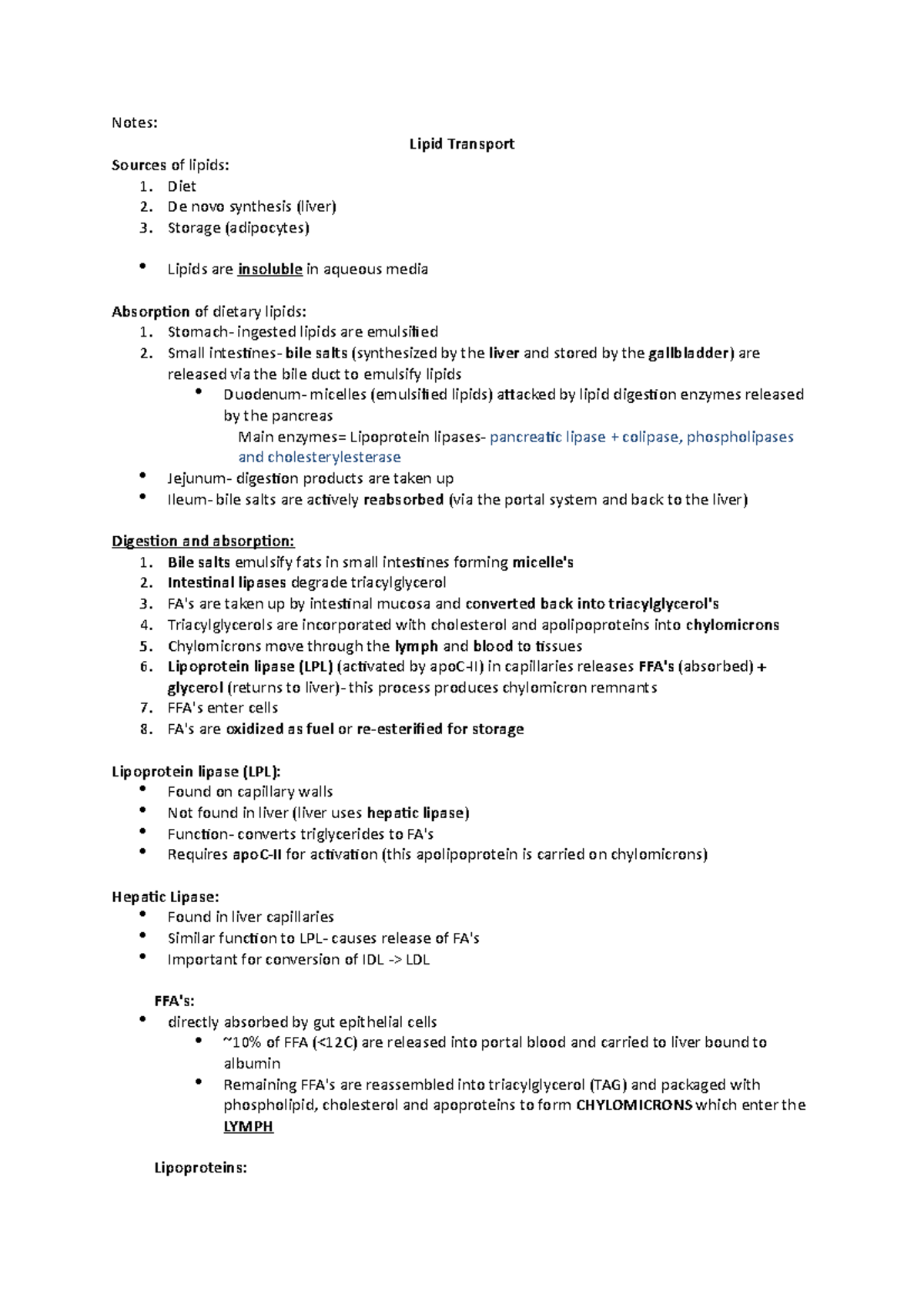 Lipid Transport notes - Clinical science - Biochemistry - Notes: Lipid ...