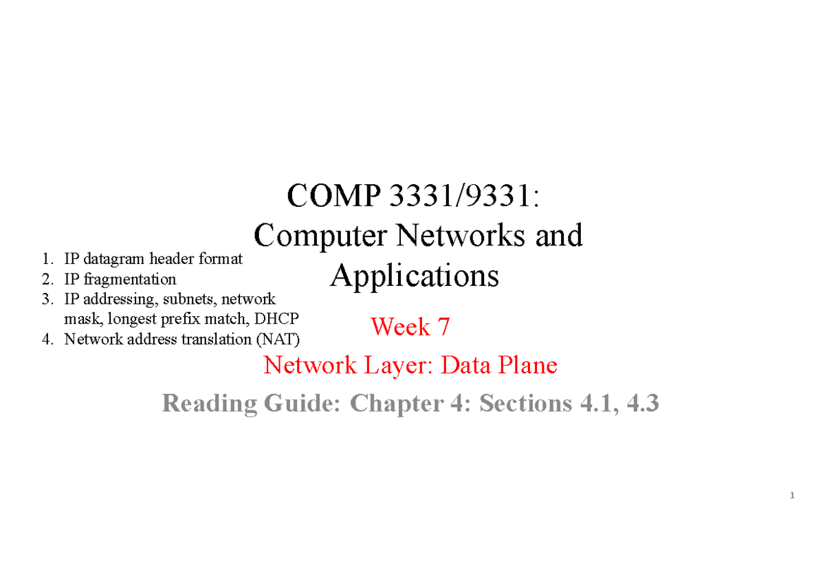 7 - COMP3331 - COMP 3331/9331: Computer Networks and Applications Week 7 Network Layer: Data ...