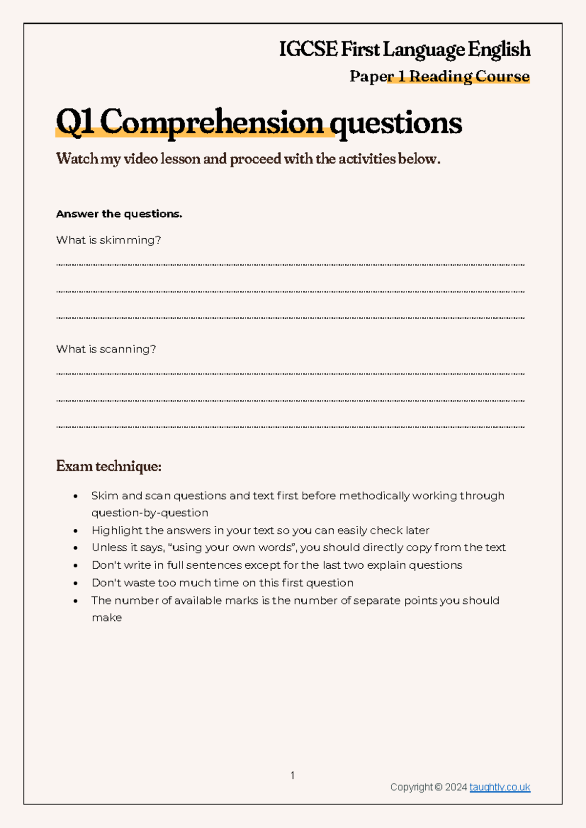 Worksheet for IGCSE FLE - Paper 1 Reading Course 1 Q1 Comprehension ...