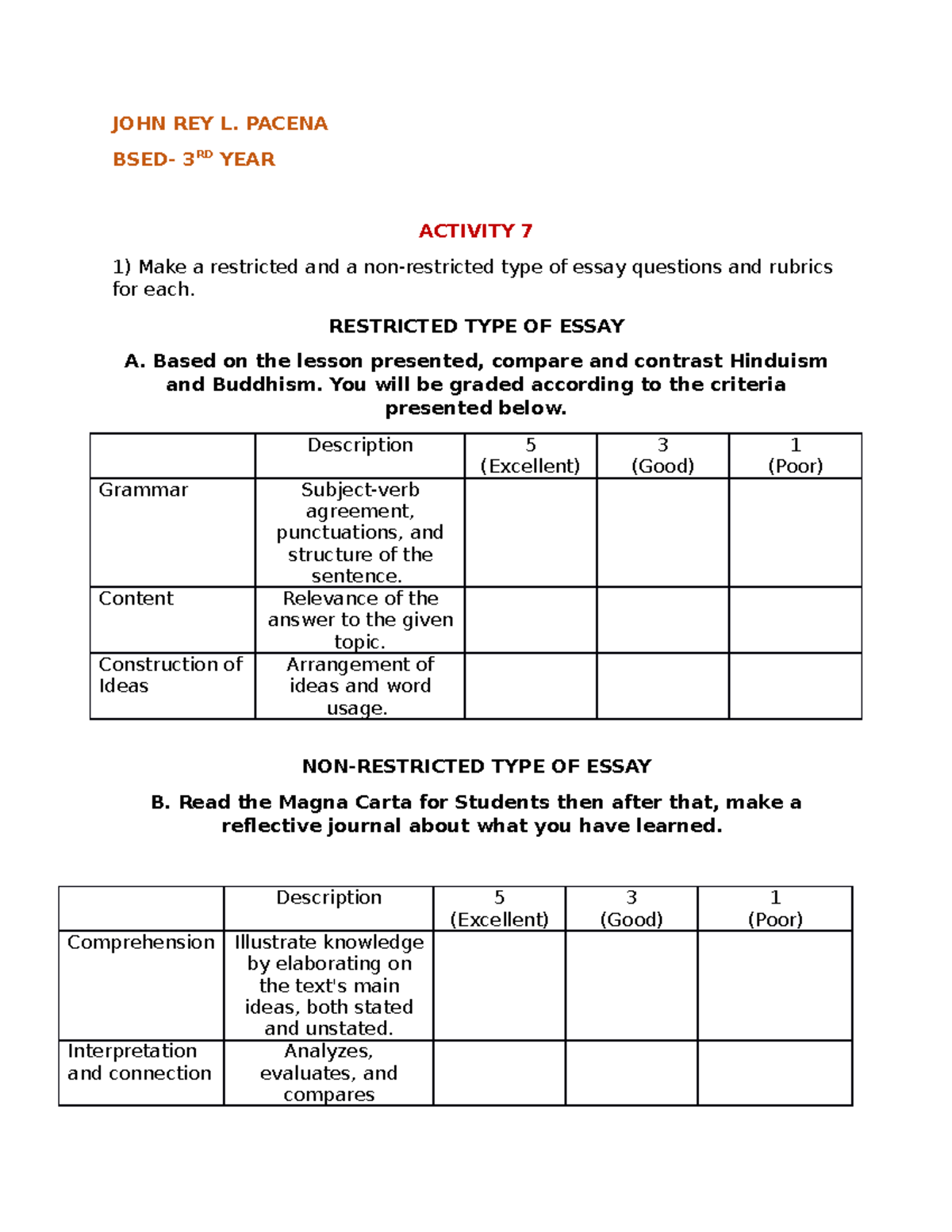 Types OF Essay EXAM - JOHN REY L. PACENA BSED- 3RD YEAR ACTIVITY 7 Make ...