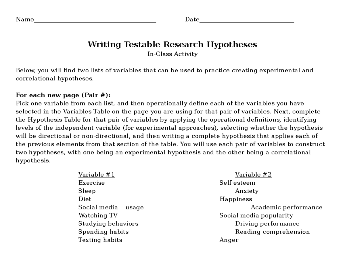 Hypothesis Activity Student Handout Final - Name