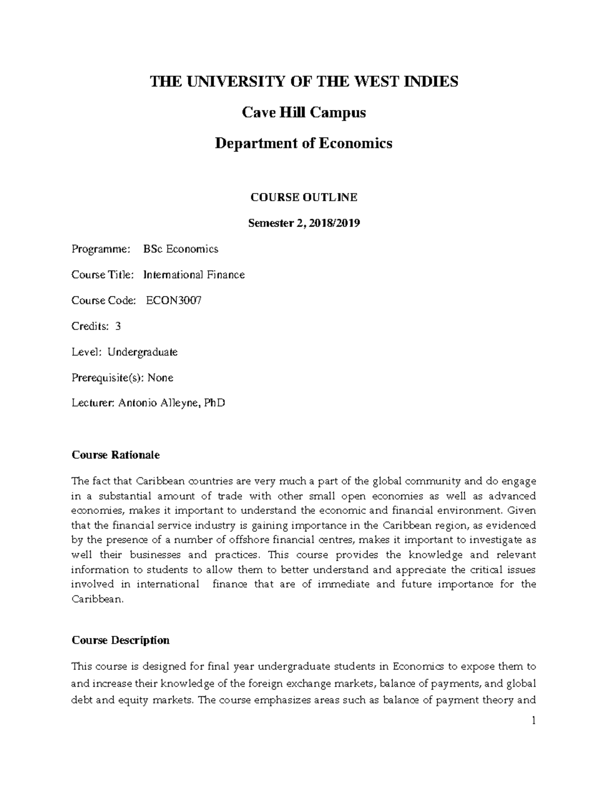 Econ 3007 -Course Outline - THE UNIVERSITY OF THE WEST INDIES Cave Hill ...