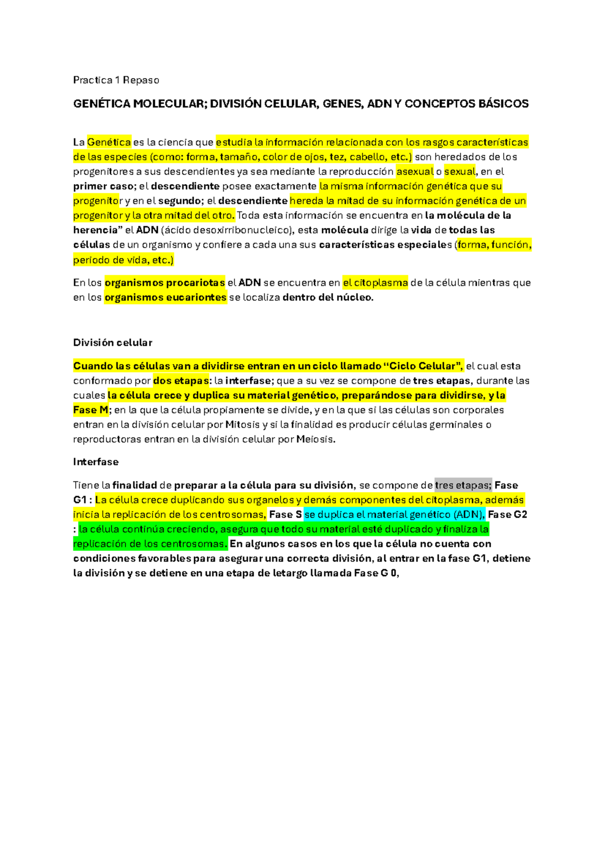 Genetica P repaso - Practica 1 Repaso GENÉTICA MOLECULAR; DIVISIÓN ...