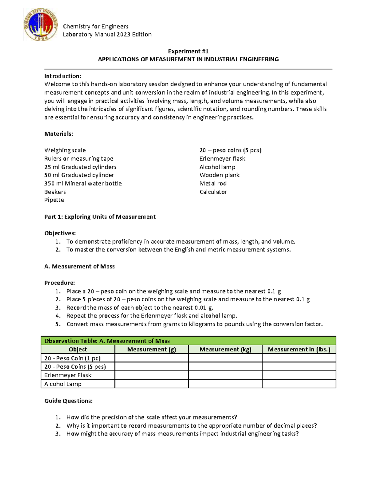 Experiment #1 - Laboratory Manual 2023 Edition Experiment ...