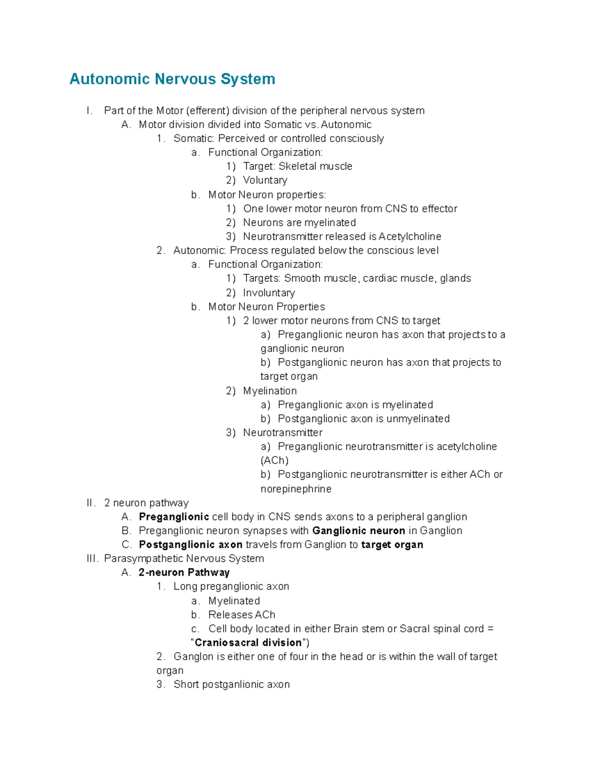 Autonomic Nervous System - Part of the Motor (efferent) division of the ...