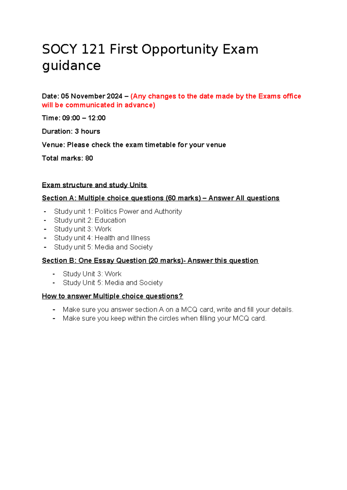 SOCY 121 First Opportunity Exam - Make sure you keep within the circles ...