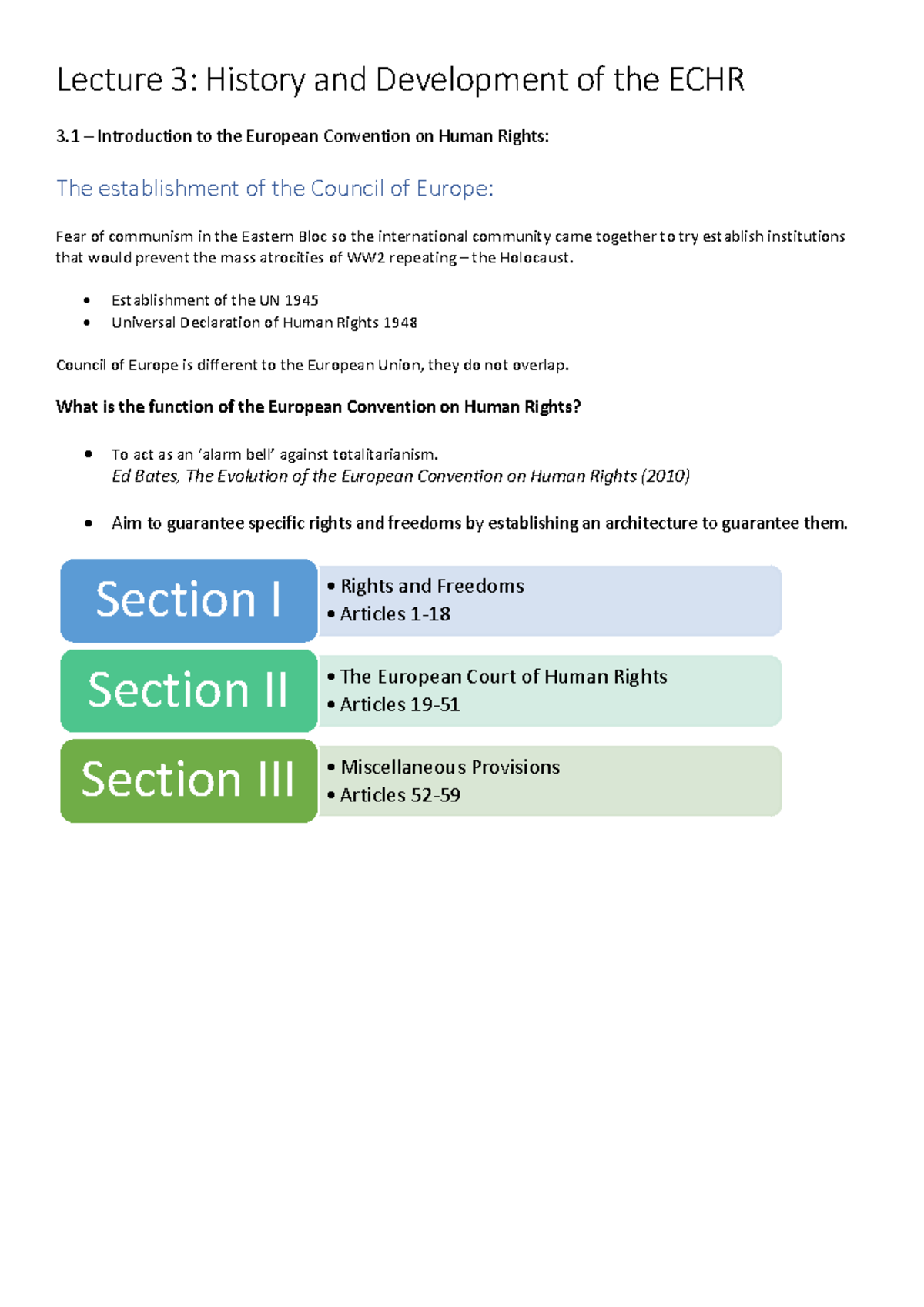 History and Development of the ECHR Lecture 3 notes - Lecture 3 ...