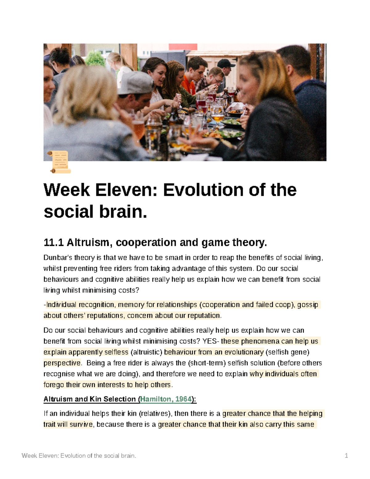 Week Eleven Evolution of the social brain - PSYU9A3 - Stirling - Studocu