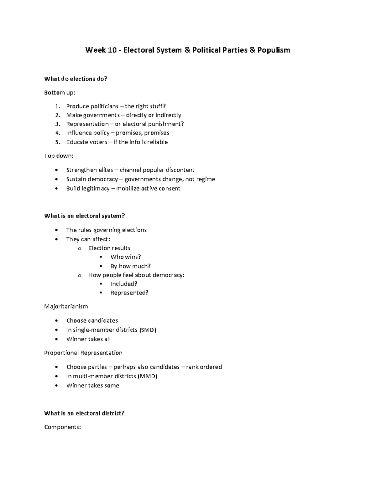 Week 10 - Electoral System Political Parties Populism - Week 10 ...