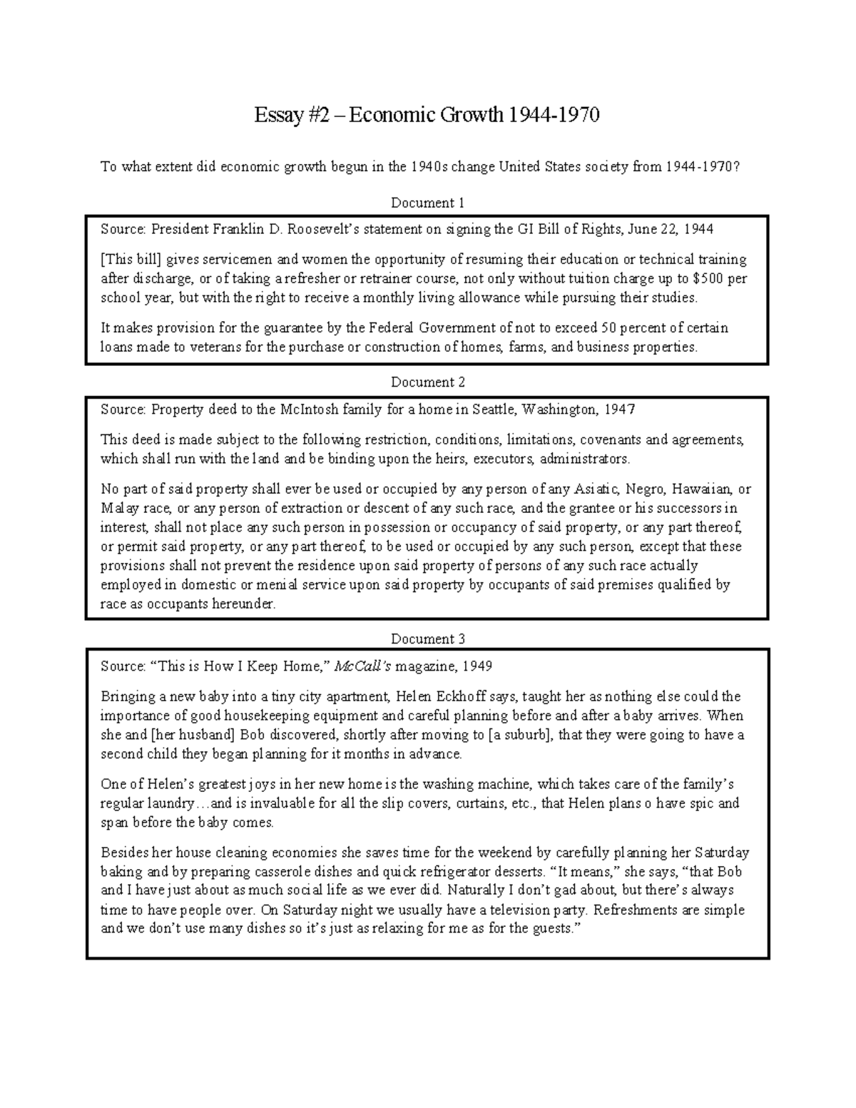 Essay #2 - economic growth after WWII - Essay #2 – Economic Growth 1944 ...