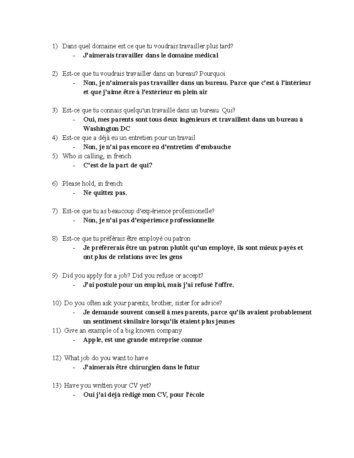 French Study Guide - Dans quel domaine est ce que tu voudrais ...