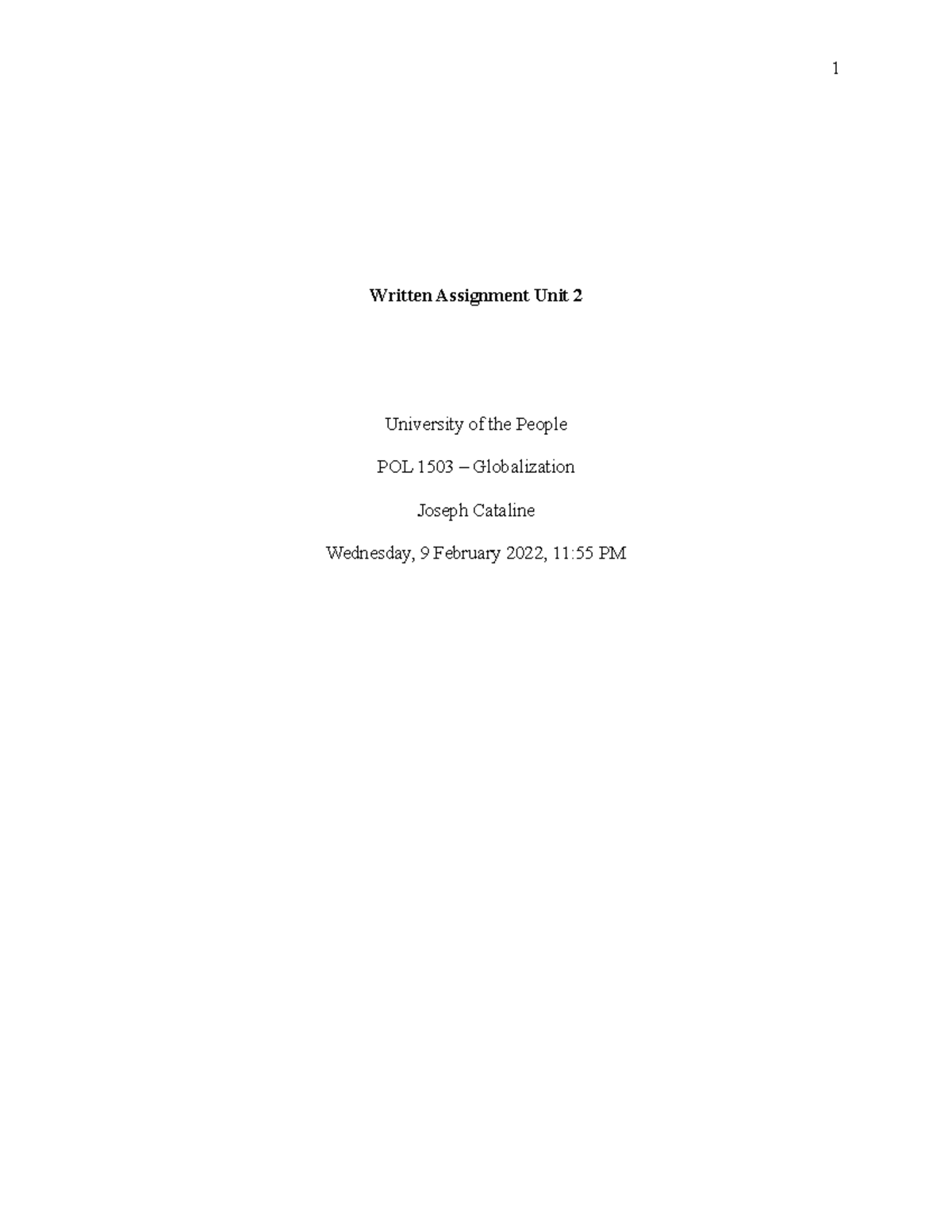 Written assessment unite 2 pol1503 - Written Assignment Unit 2 University of the People POL 1503 ...