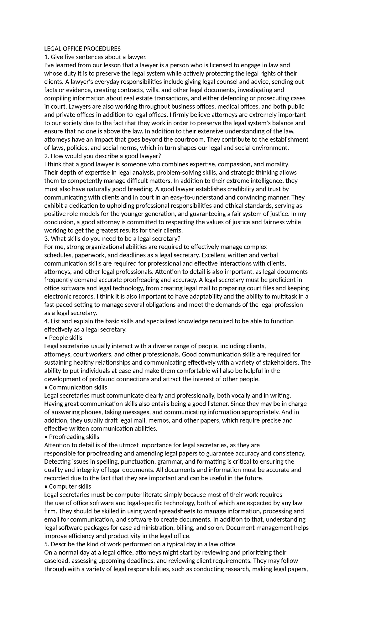 Legal Procedures - Pratical - LEGAL OFFICE PROCEDURES Give five ...