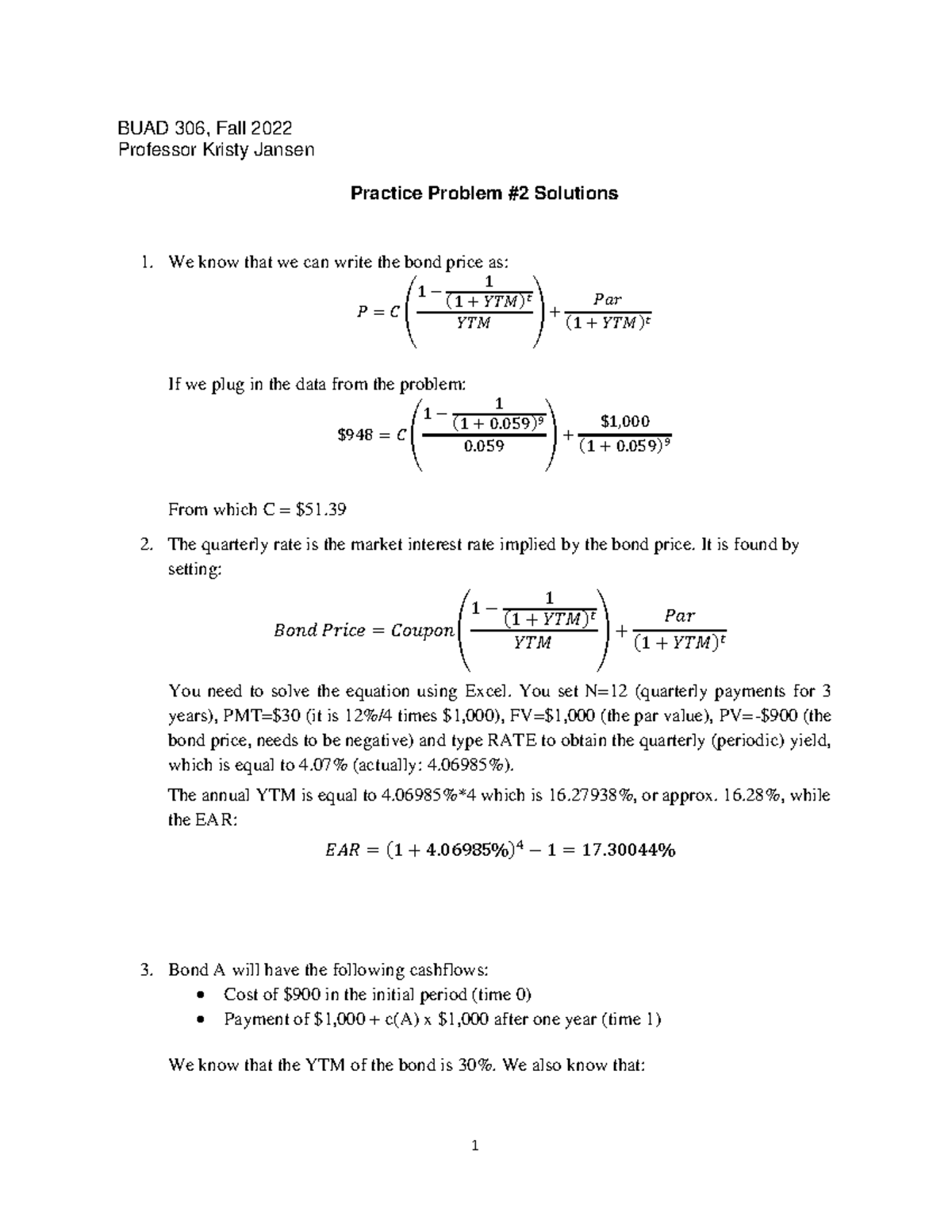 Practice Problem 2 solutions - 1 BUAD 306, Fall 2022 Professor Kristy Jansen Practice Problem #2 ...