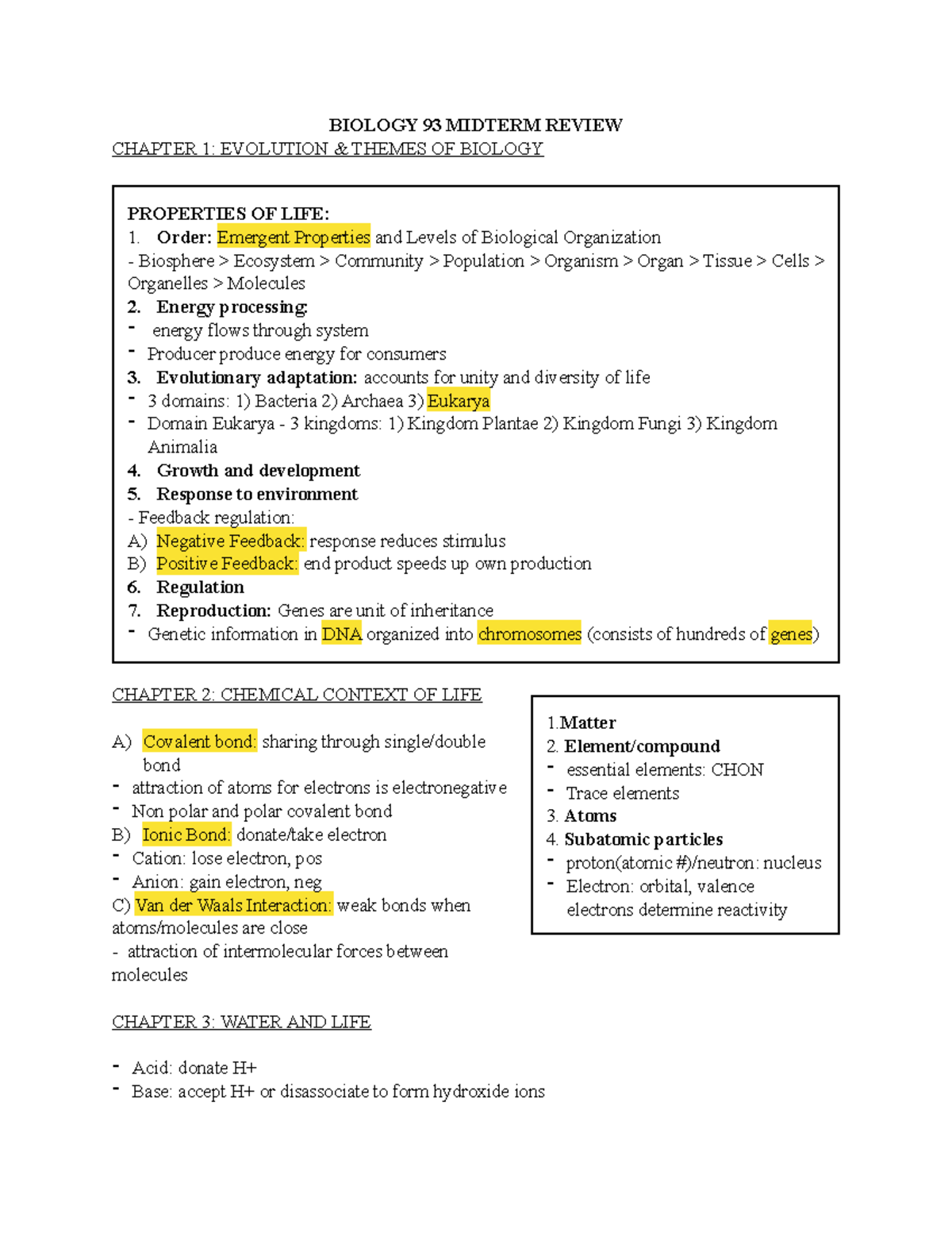 BIO 93 Midterm 1 - Summary Campbell Biology - BIOLOGY 93 MIDTERM REVIEW ...