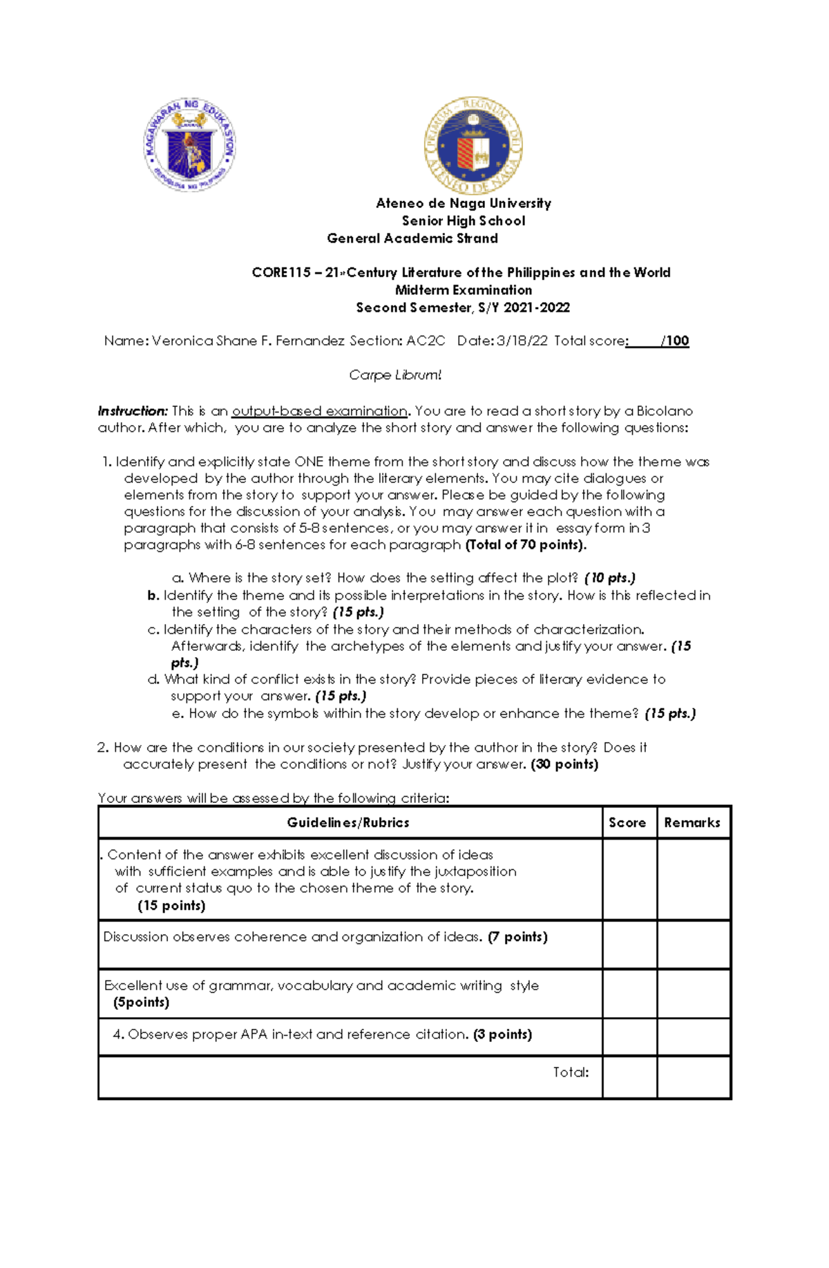 CORE115-ME-1234 - Ateneo de Naga University Senior High School General ...