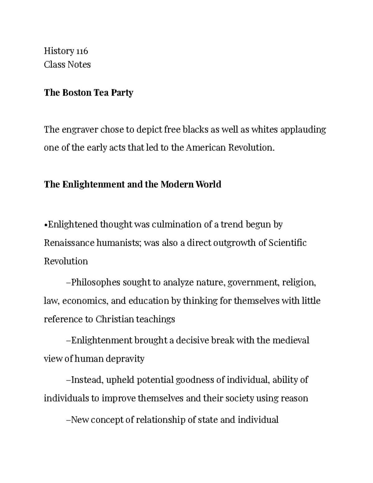 HIS 8 - The Enlightenment - History 116 Class Notes The Boston Tea ...