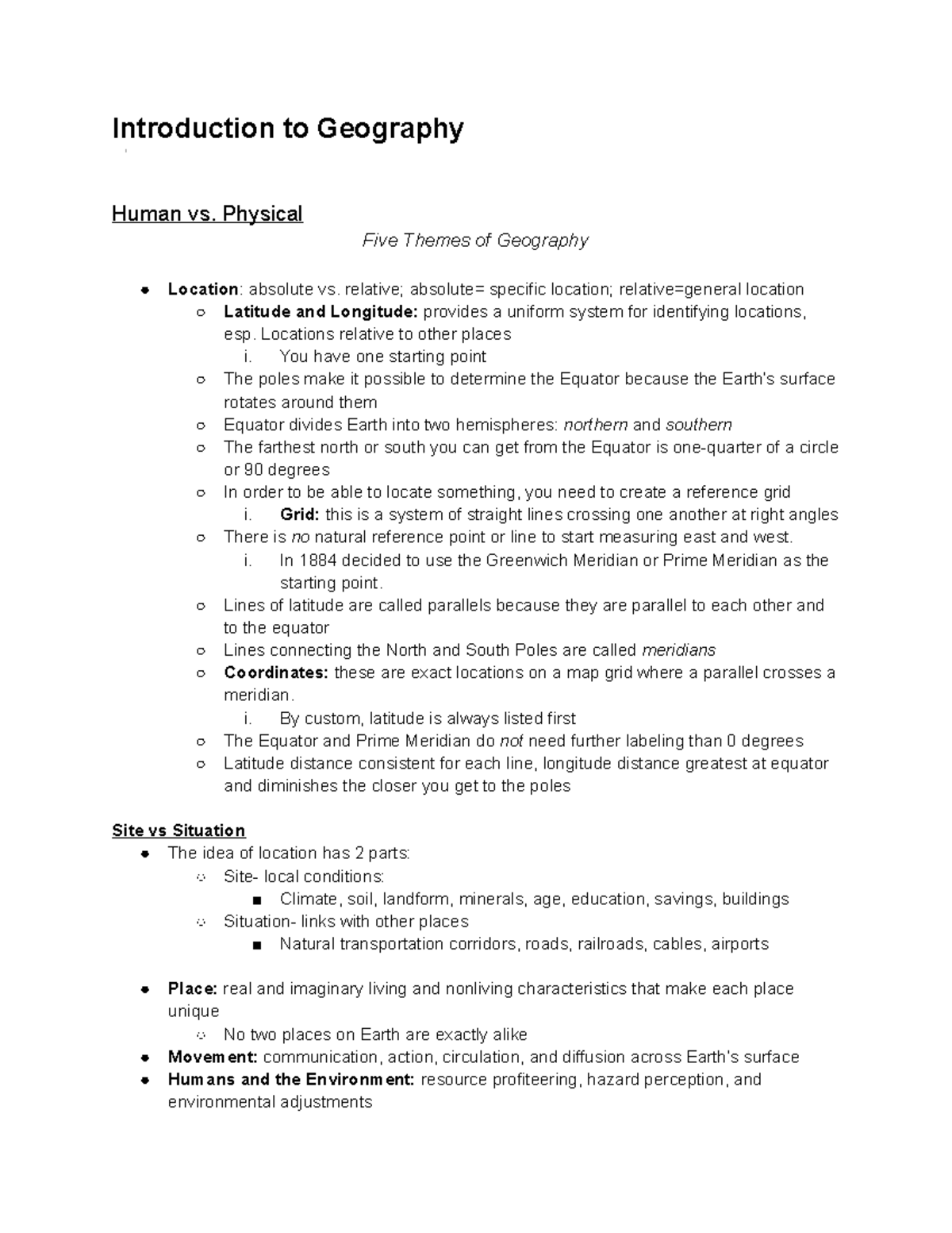 Introduction - Lecture notes 1 - Introduction to Geography Human vs ...
