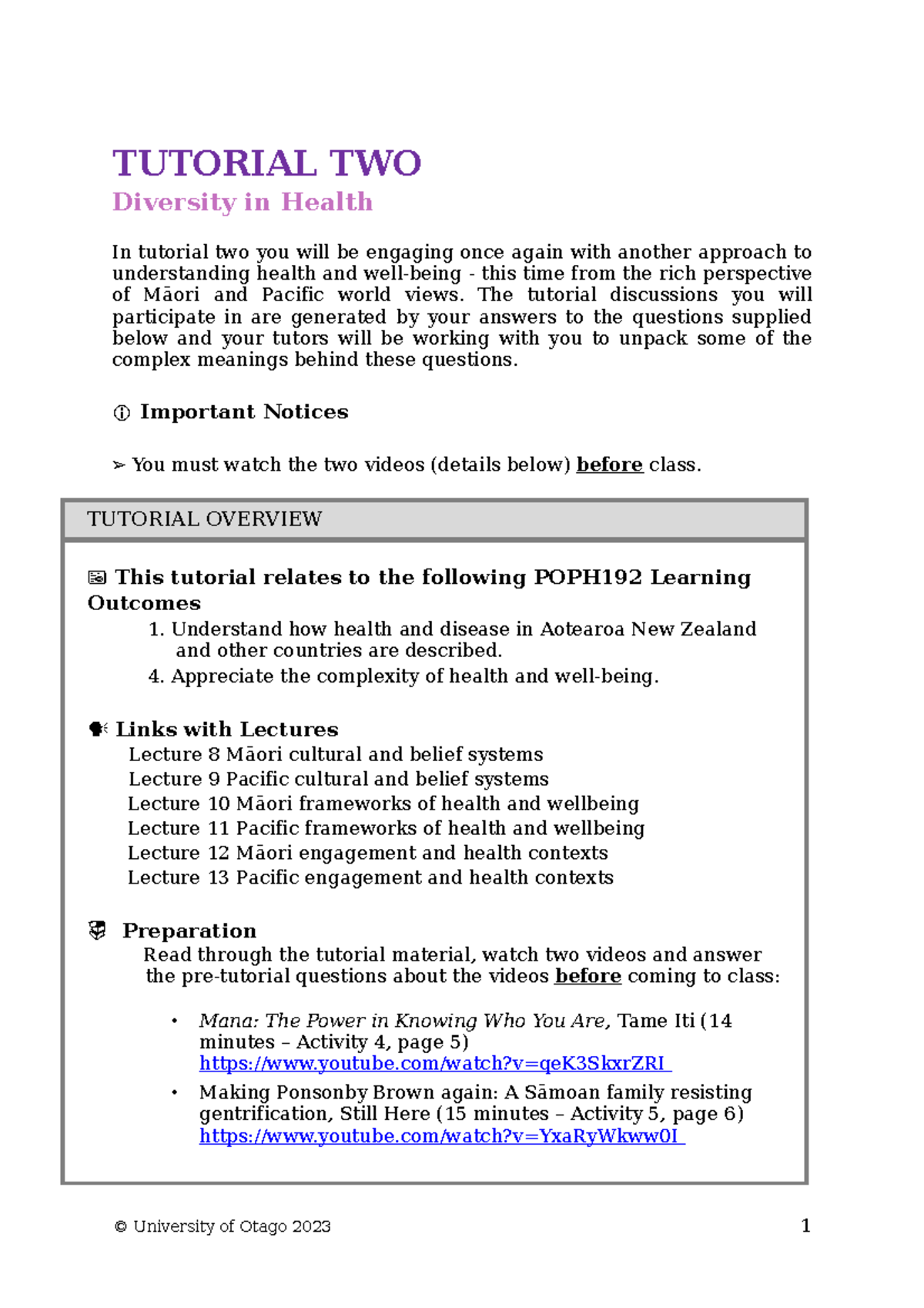Poph192 tut 2 chur - TUTORIAL TWO Diversity in Health In tutorial two ...