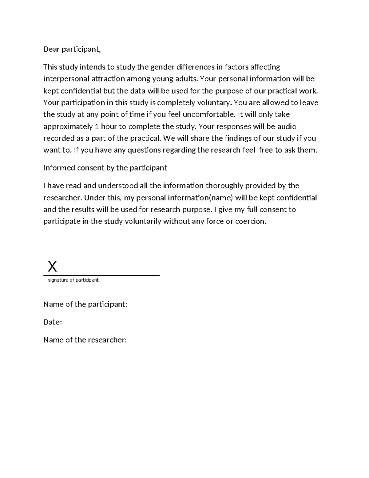 Consent form - Dear participant, This study intends to study the gender ...