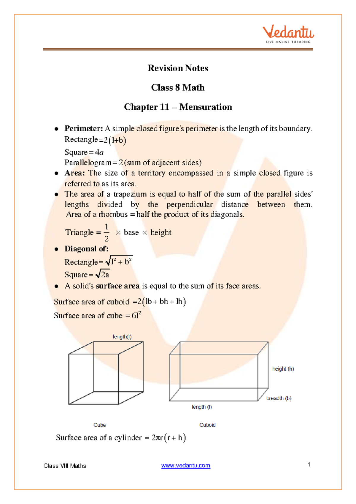 Mensuration Class 8 Notes CBSE Maths Chapter 11 [PDF] - Class VIII ...