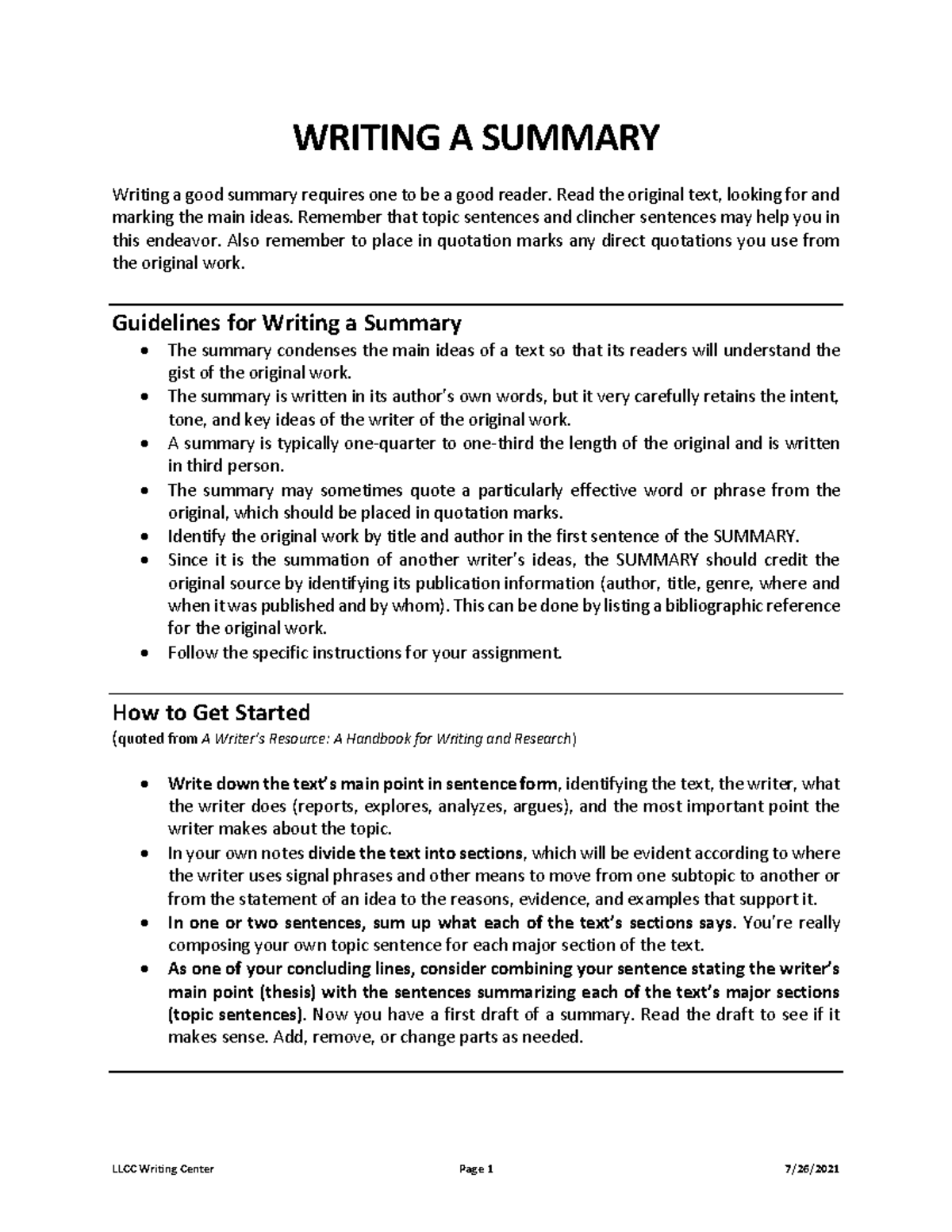 Writing a Summary - how to master the ability to summarise stuff - LLCC Writing Center Page 1 7 ...