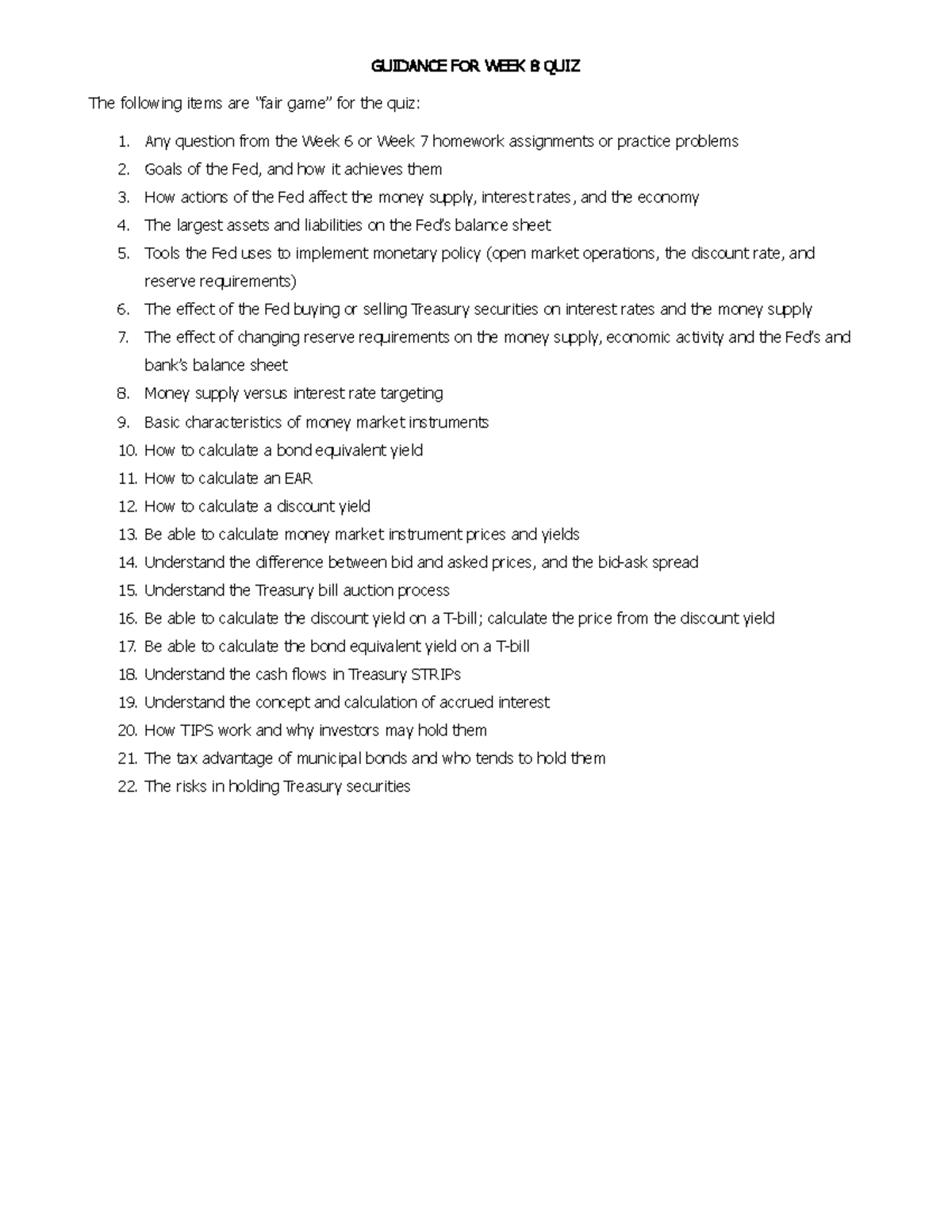 FIN 325 Week 8 Quiz Guidance - GUIDANCE FOR WEEK 8 QUIZ The following ...