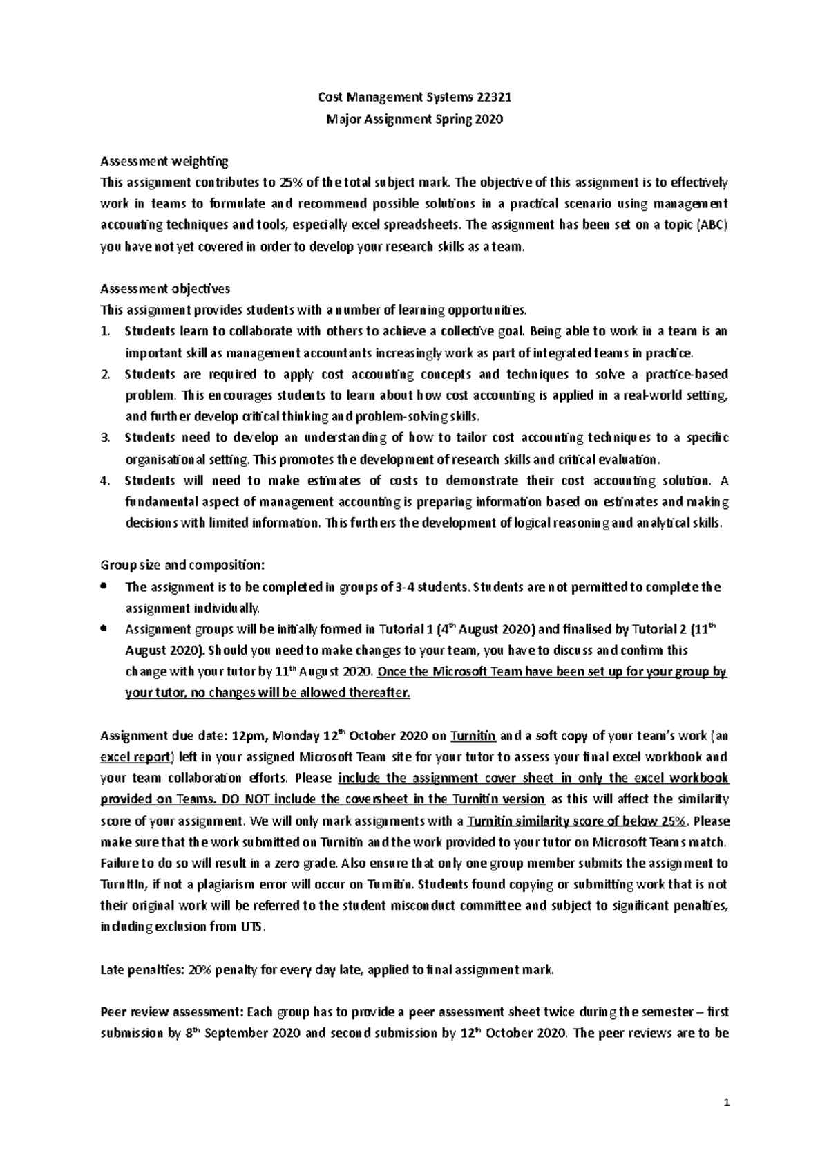 CMS Online Assignment Spring 2020 - Cost Management Systems 22321 Major ...