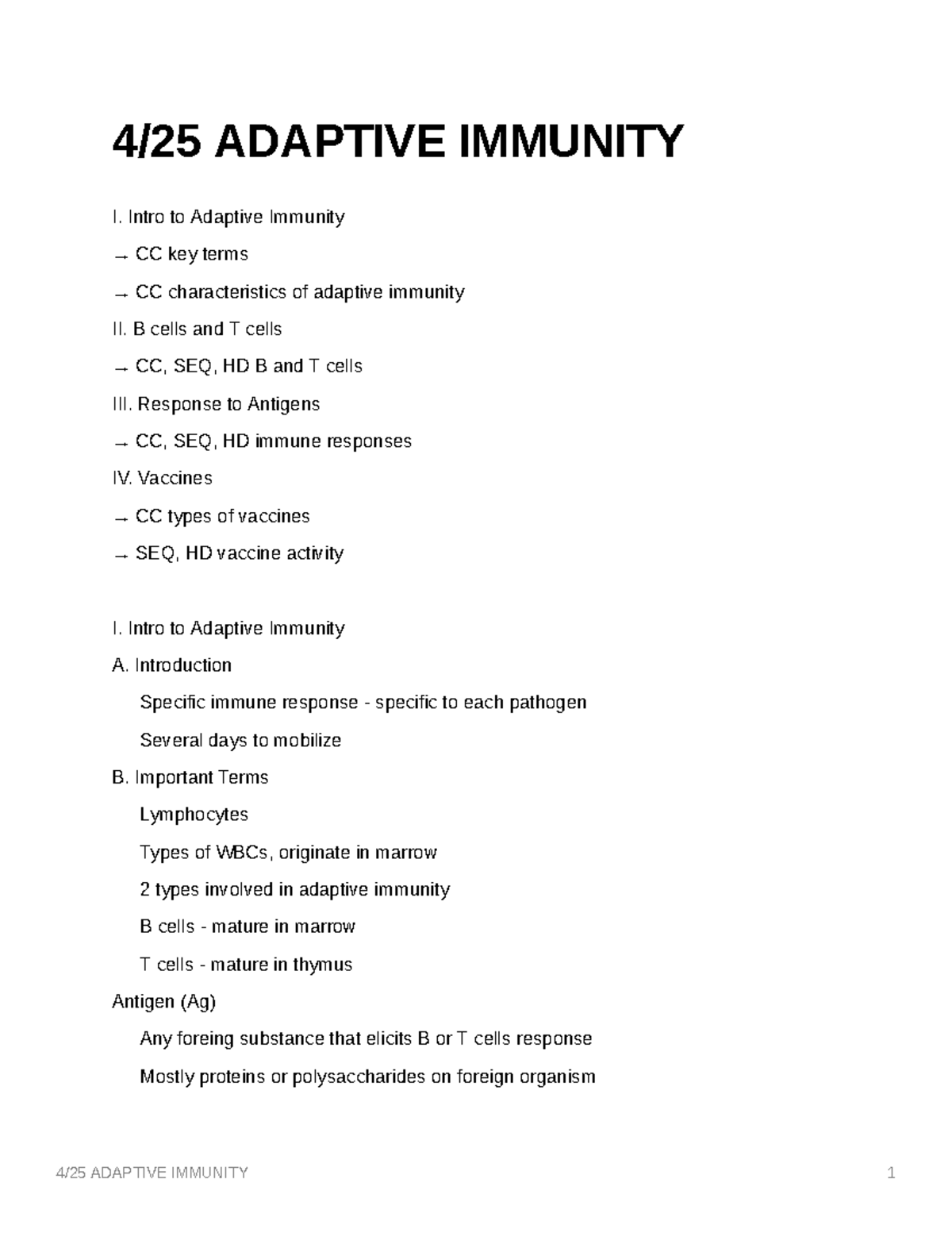 Adaptive - 4/25 ADAPTIVE IMMUNITY I. Intro to Adaptive Immunity → CC ...
