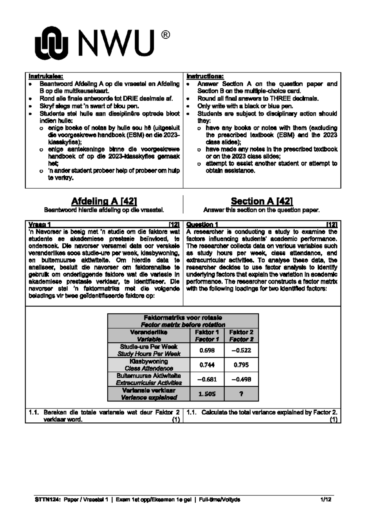 STTN124 2023 Exam 1st Opp - NWU R Instruksies: Instructions: Beantwoord ...