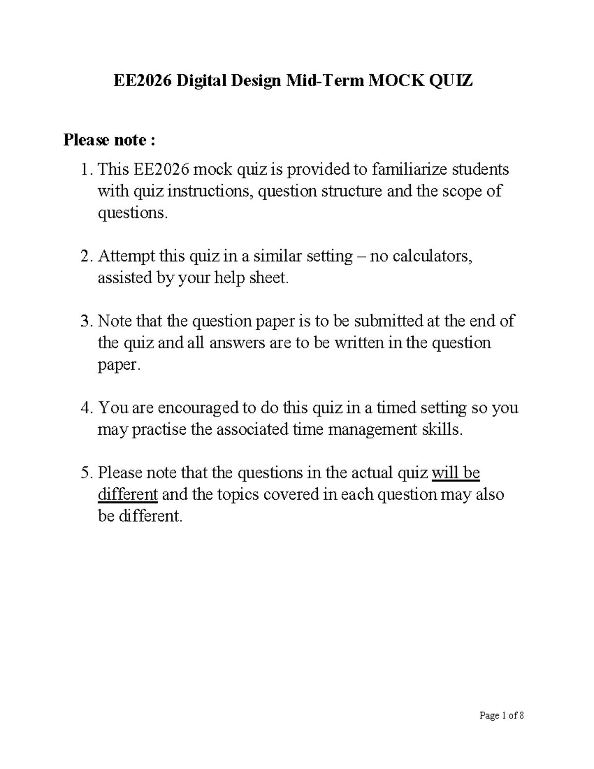 EE2026 Mockquiz AY2425S1 - EE2026 Digital Design Mid-Term MOCK QUIZ ...