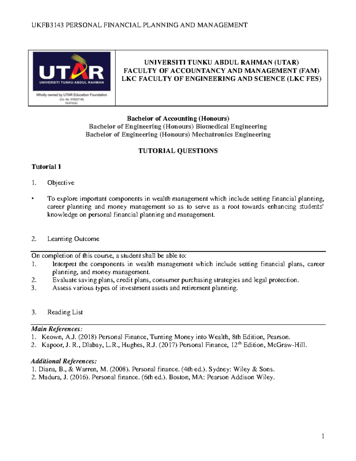 PFPM Tutorial - UNIVERSITI TUNKU ABDUL RAHMAN (UTAR) FACULTY OF ACCOUNTANCY AND MANAGEMENT (FAM ...