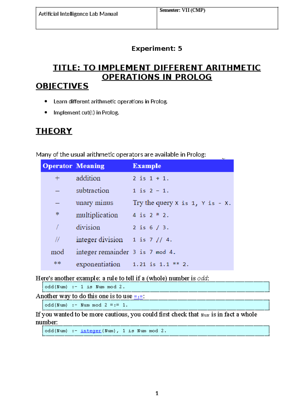 Ai Lab5 To Implement Different Arithmetic Operations In Prolog