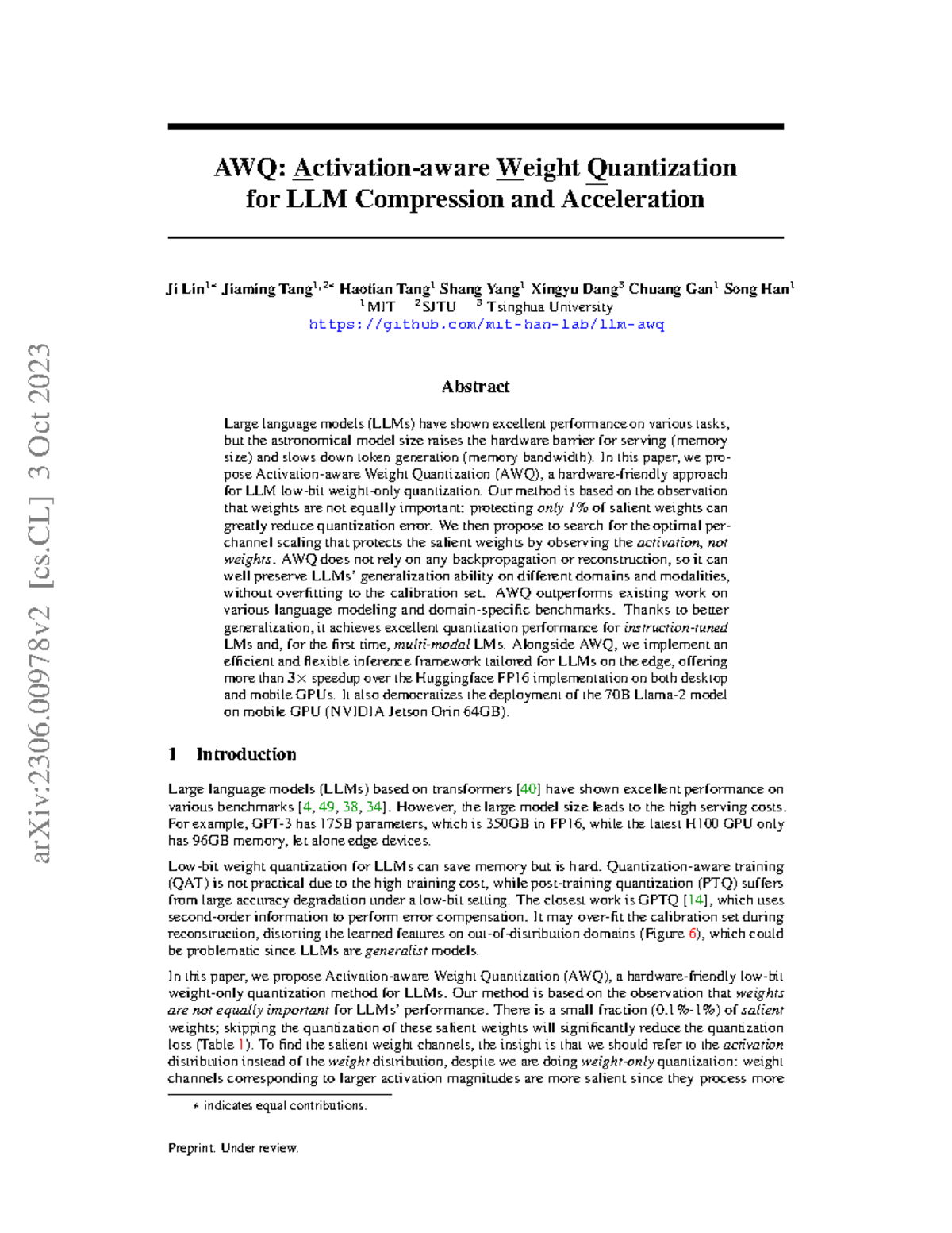 AWQ: Activation-aware Weight Quantization - In this paper, we pro- pose ...
