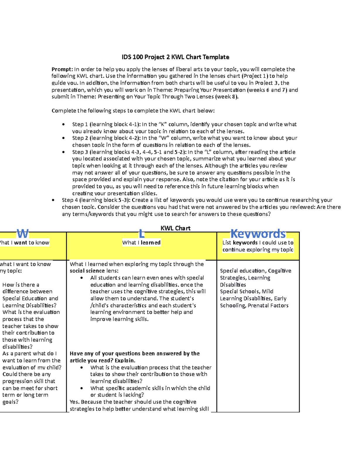 IDS 100 KWL Chart Template (1)done - IDS 100 Project 2 KWL Chart ...